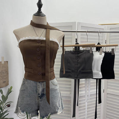 实拍 蕾丝边拼接西装单排扣套头飘带抹胸背心带胸垫短款上衣 8129