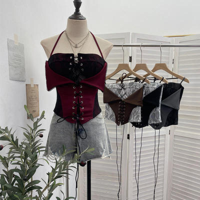 实拍辣妹假两件吊带背心带胸垫绑带挂脖复合蕾丝无袖上衣8075