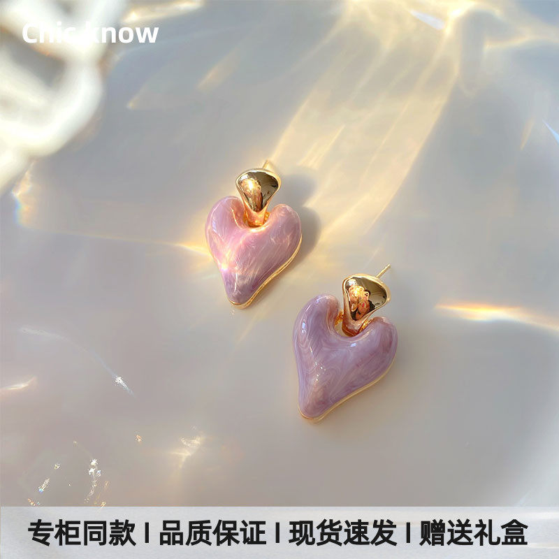 美国【设计师】Chic know复古珠光滴釉紫色耳环爱心925耳饰女新款_虎窝淘