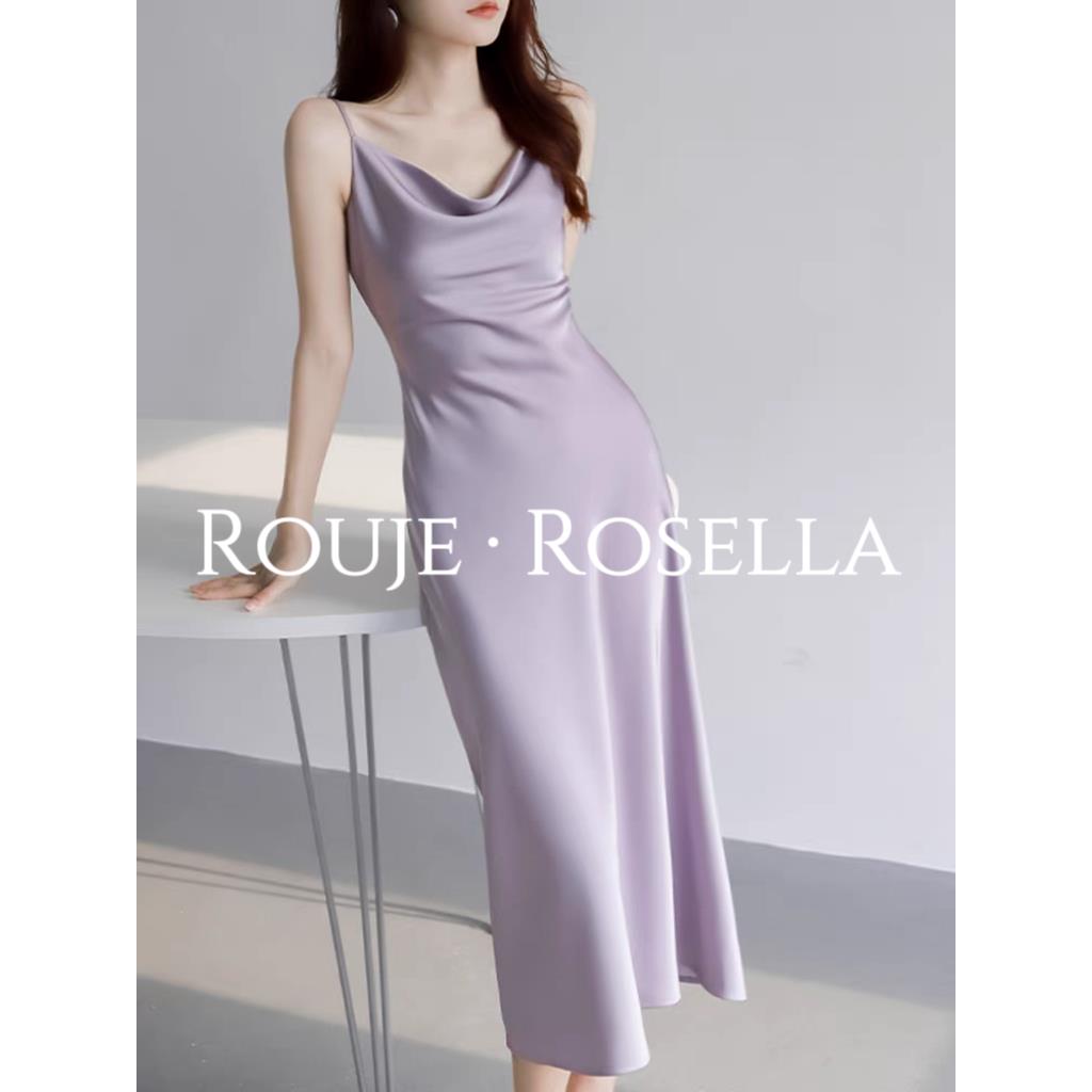 法式醋酸缎面吊带连衣裙 法国Rouje Rosella高腰包臀长裙 夏季性