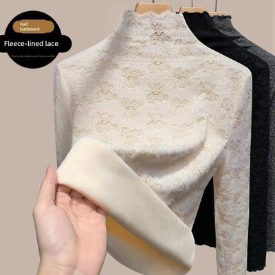 韩版半高领加绒蕾丝打底衫女2025秋冬新款高级感内搭加厚保暖上衣