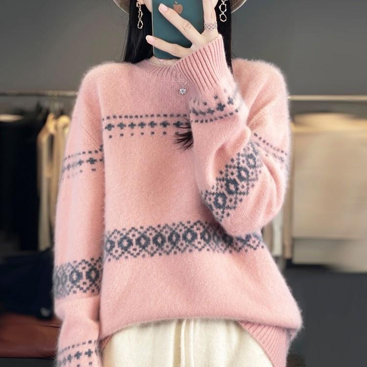 高级感2025棉羊绒针织衫女秋冬双股加厚提花半高领毛衣套头打底衫