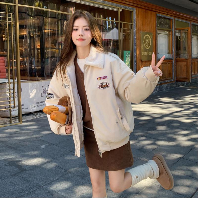 美式复古羊羔毛翻领棉服女冬季新款刺绣棉衣外套棉袄棒球服潮