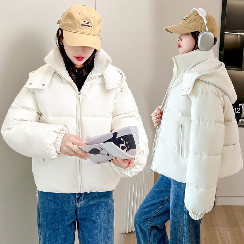 欧美连帽棉服女短款2025冬季纯色棉衣加厚保暖韩版宽松学院风外套