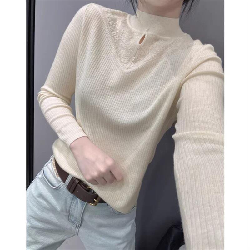 秋冬款时尚提花针织衫长袖女气质修身毛衣半高领打底小衫镂空上衣