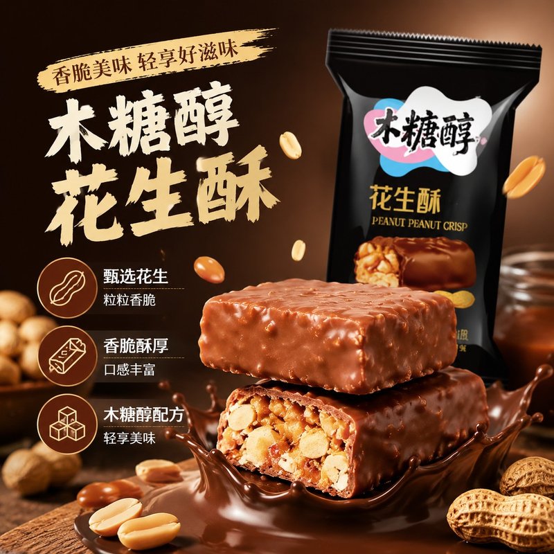 无蔗糖木糖醇巧克力花生酥糖果夹心零食独立包装经典小吃专属