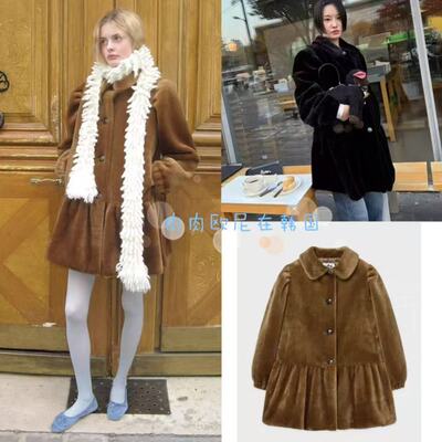 现货 sinoon 韩国圣诞风公主肩泡泡袖翻领中长款皮草大衣外套女