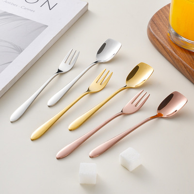 304 Stainless Steel Square Head Spoon High Beauty Dessert Spoon Fork Ice Cream Spoon Fruit Fork Coffee Spoon