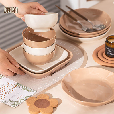 Kangmo underglaze colored ceramic rice bowl, home high-end sense, Maillard tableware, creamy style dishes, housewarming