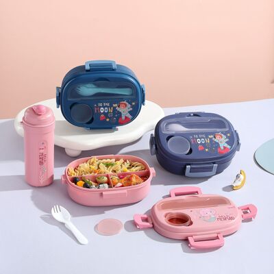 Cross border cartoon grid lunch box with sauce box, direct drinking water kettle set, student heatable lunch box, outdo