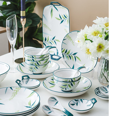 Bamboo leaf tableware, rice bowl, ceramic bowl and plate set, creative home items, anniversary event, gift giving, Japa