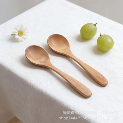 New round mouthed short handled spoon creative Japanese and Korean style wooden spoon monochrome wooden children's spoo
