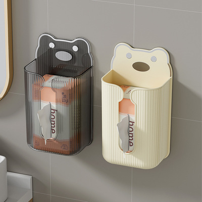 Cartoon creative wall mounted tissue box, bathroom bedroom no punching paper box, cute striped bear face towel storage