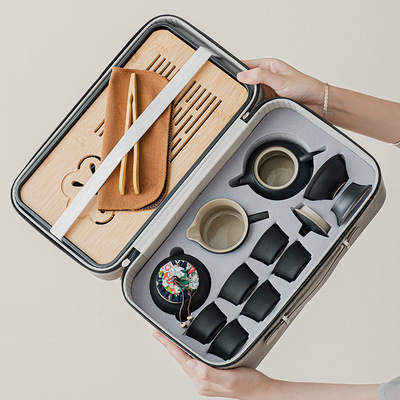 Travel tea set, tea tray, household kung fu tea cup, outdoor portable tea pot, ceramic festival gift