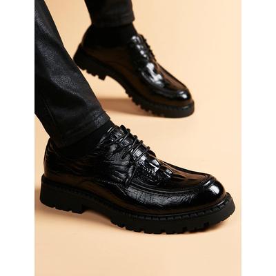 皮鞋男休闲真皮商务正装秋冬厚底英伦潮流软皮鳄鱼纹内增高男鞋子