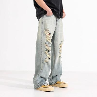 香港潮牌牛仔裤男秋季新款美式高街vibe宽松破洞直筒裤男士阔腿裤