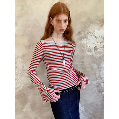 Bel Canto 一字领设计感荡袖 红条纹显瘦秋冬内搭 闹钟针织上衣