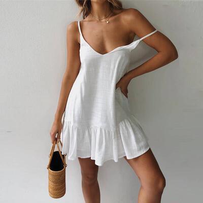 Women Ruffle Sexy Party Sundress Cotton Linen露背女洋装