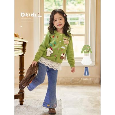 小O宝Okids童装 宝宝刺绣开衫套装女2025秋装新款女童喇叭裤套装