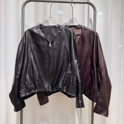 一念年春款时尚个性蝙蝠袖休闲百搭油蜡绵羊皮V领皮衣dz-SG16011