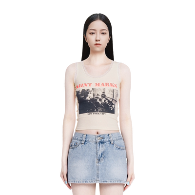 BM背心女2026新款秋季蕾丝花边无袖上衣印花短款露脐内搭外穿背心