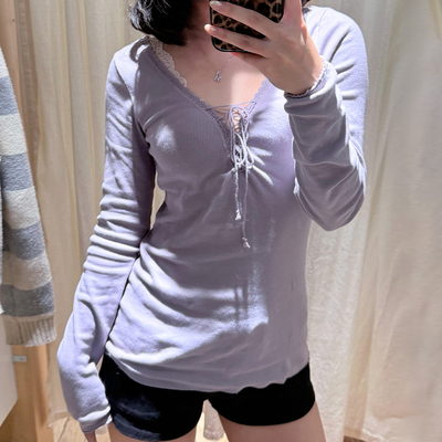 BM长袖女t恤2026新款秋冬V领绑带纯色美式复古修身显瘦高级感上衣