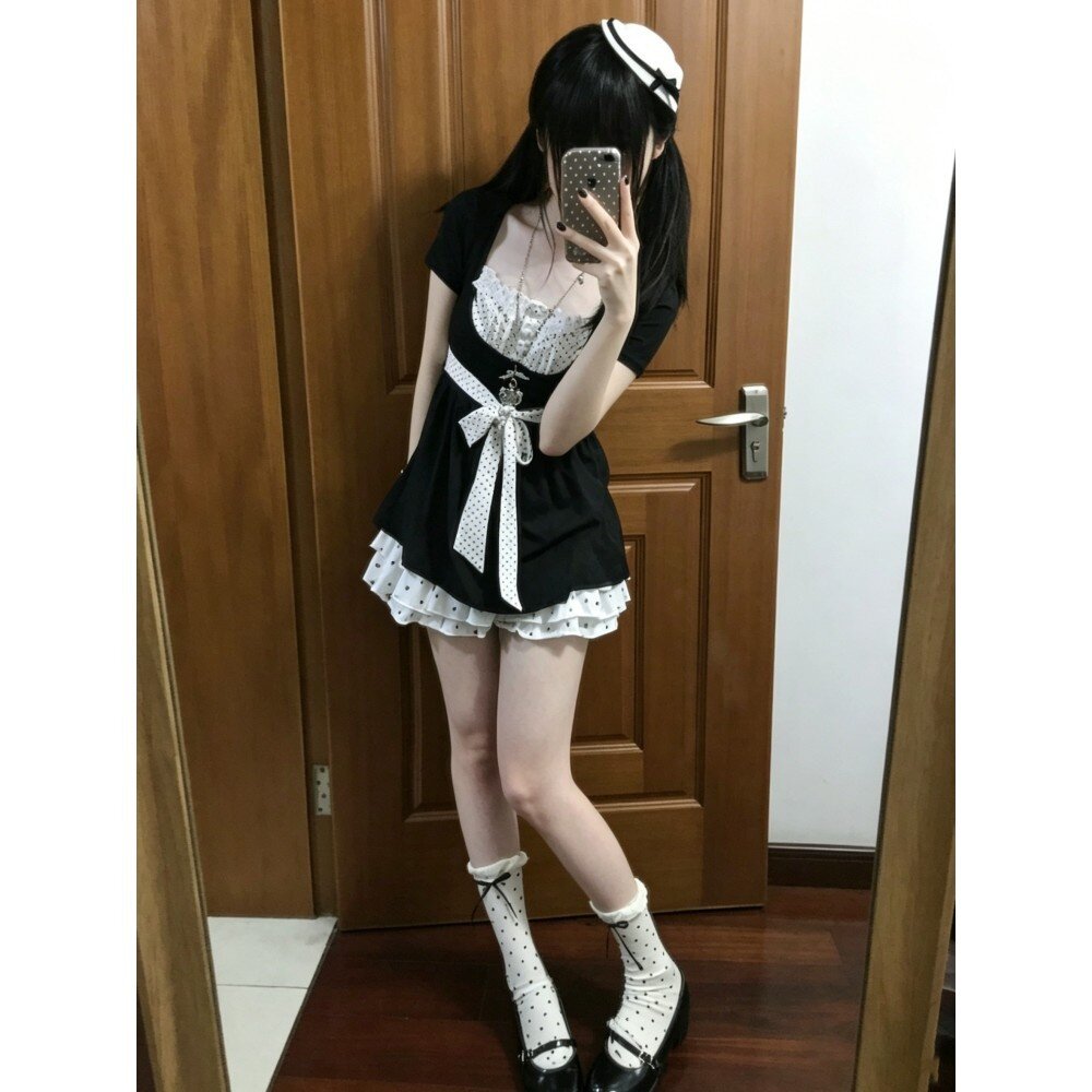 现货云墨甜笺日系古早味套装甜美风减龄波点上衣设计感短裙两件套