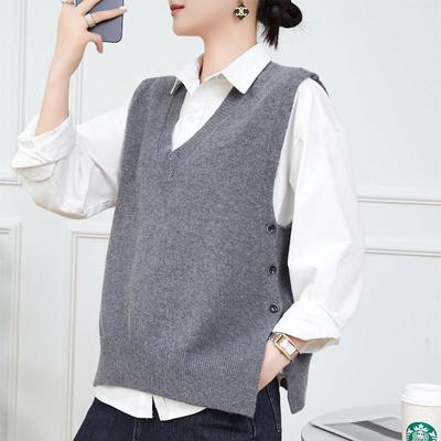 2025新款秋装马甲羊毛衫女v领针织背心大码宽松开叉毛衣无袖马夹
