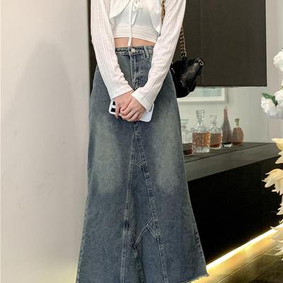 ZAVK2024春夏新品复古辣妹设计荷叶包臀鱼尾裙显瘦高腰牛仔半身裙