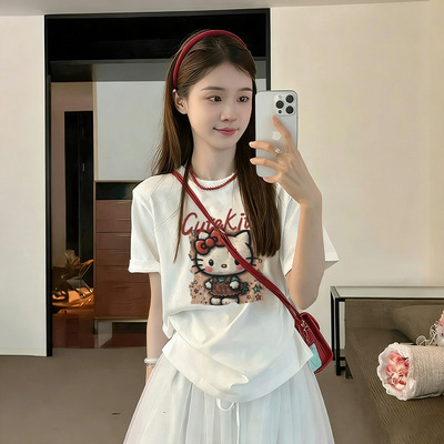 夏季新款白色纯棉短袖t恤女生甜美cute kitty卡通印花设计感上衣