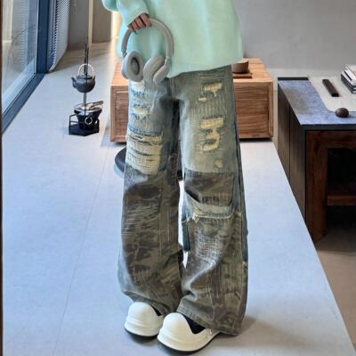 JADEQILIN美式覆古高街拼接迷彩微喇牛仔裤男破洞痞帅直筒vibe裤