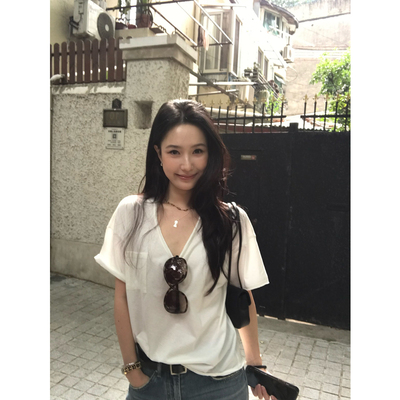 isaro uu 高品系敲柔软肤感口袋T~桑蚕丝混棉自然卷边宽松短袖T恤