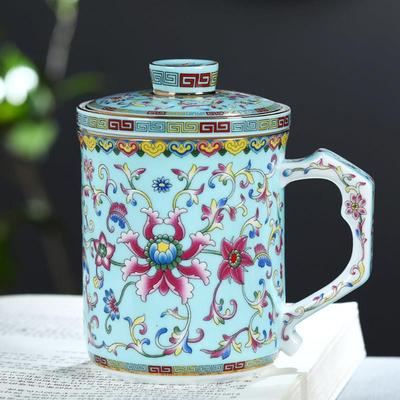 景德镇陶瓷过滤茶杯带盖中国风珐琅彩杯子办公室泡茶杯茶水分离杯