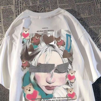 美式高街卡通爱心小熊短袖T恤男