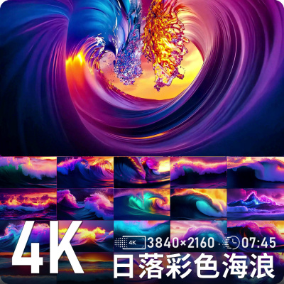 日落彩色海浪翻涌梦幻波纹光影绚丽治愈感高清动态背景视频素材