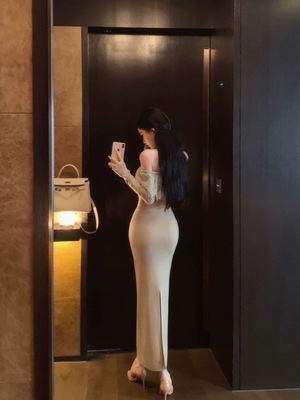 JAYKY YANG【释放比例】一字肩长袖拼纱连衣裙蕾丝边修身包臀长裙