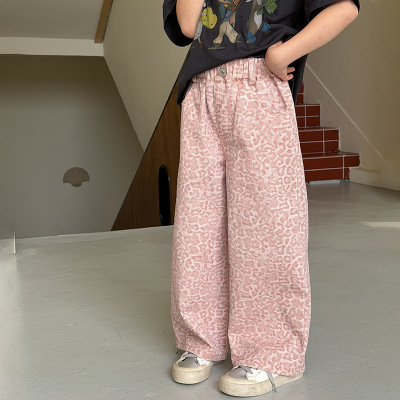女童春款小众粉色豹纹直筒裤