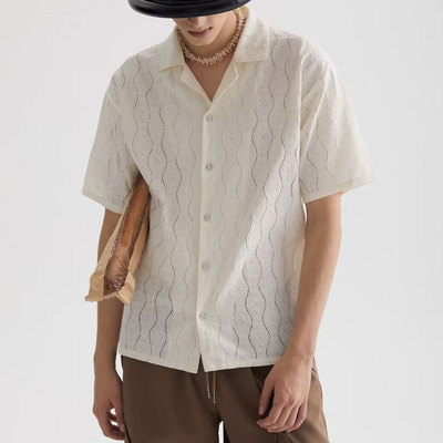 Men's cardigan T-shirt 镂空蕾丝衬衫T恤网眼透视性感短袖上衣