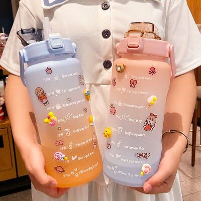 2000ml Water Bottle With Straw Cute Portable Scale Bottle