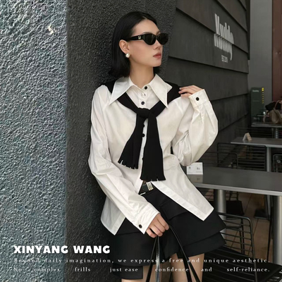 XYW法式尖角领修身长袖白衬衫