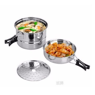 3pcs Outdoor Pan Set Stainless Steel Plate Stacking Pots Hik