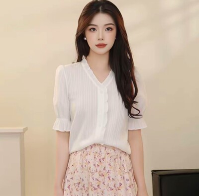 阿玛施专柜商场同款春夏季新款木耳边设计短袖衬衫上衣女130169