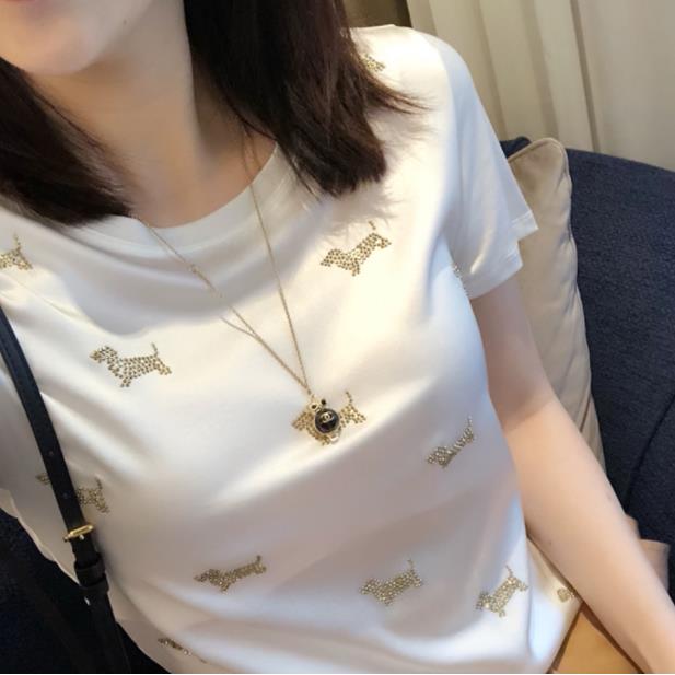 潮牌CVY短袖T恤女2026夏季新款水钻真丝t恤白色显瘦桑蚕丝上衣潮