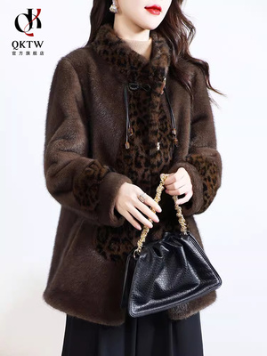 高档金貂绒外套女2025冬季新款洋气豹纹拼接气质印花妈妈百搭上衣