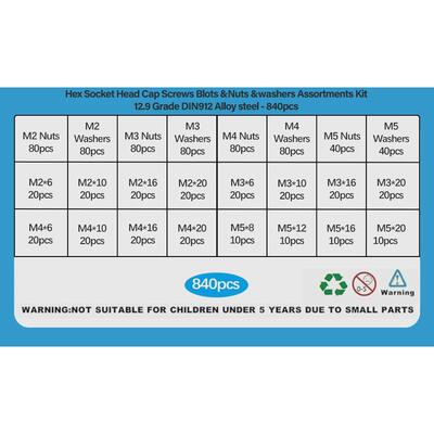 840pcs碳钢发黑12.9级m2~m5圆柱平内六角螺丝螺母头弹垫套装螺丝