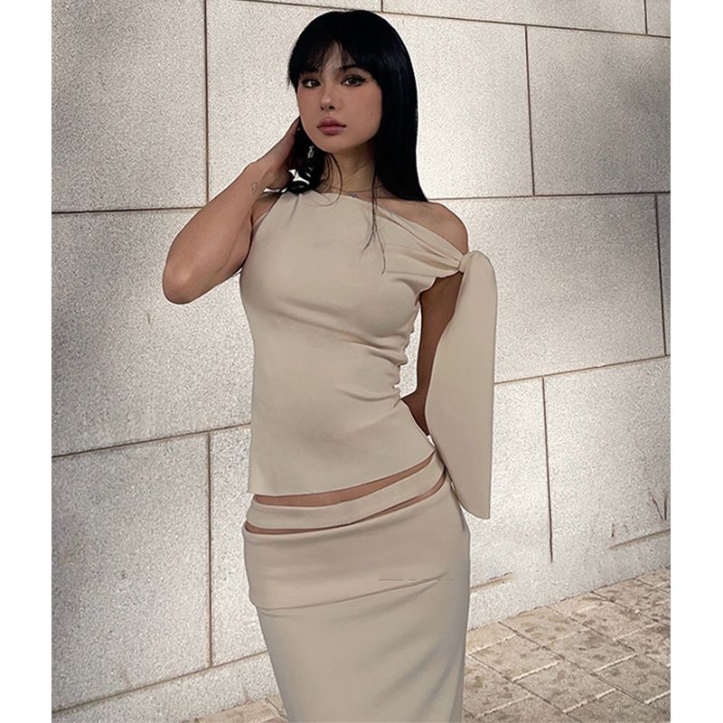 kylie同款不对称斜肩飘带修身显瘦T恤背心上衣女夏季半身裙套装