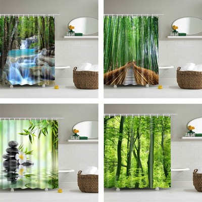 Shower Curtains Polyester-Fabric Forest-Trees Hooks-Accessor