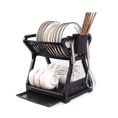 Double-layer Kitchen Dish Bowl Draining Storage Rack with Ch