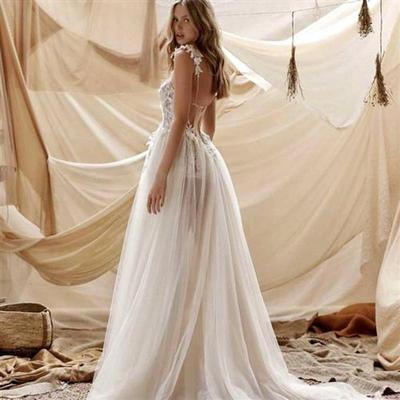 Verngo Beach Wedding Dress Sexy Spaghetti Straps Lace Appli