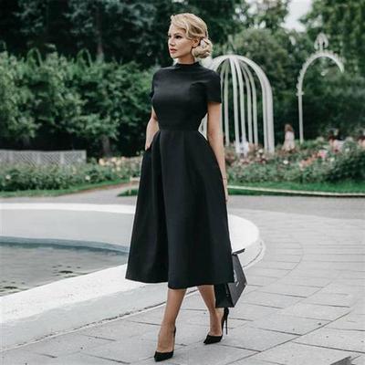 Women Elegant Black Shirt Dress Half High Collar High Wai